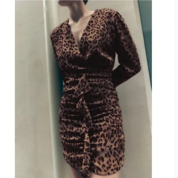 Zara | Dresses | Zara Ruffled Animal Cheetah Print Black Brown Tan Mini ...